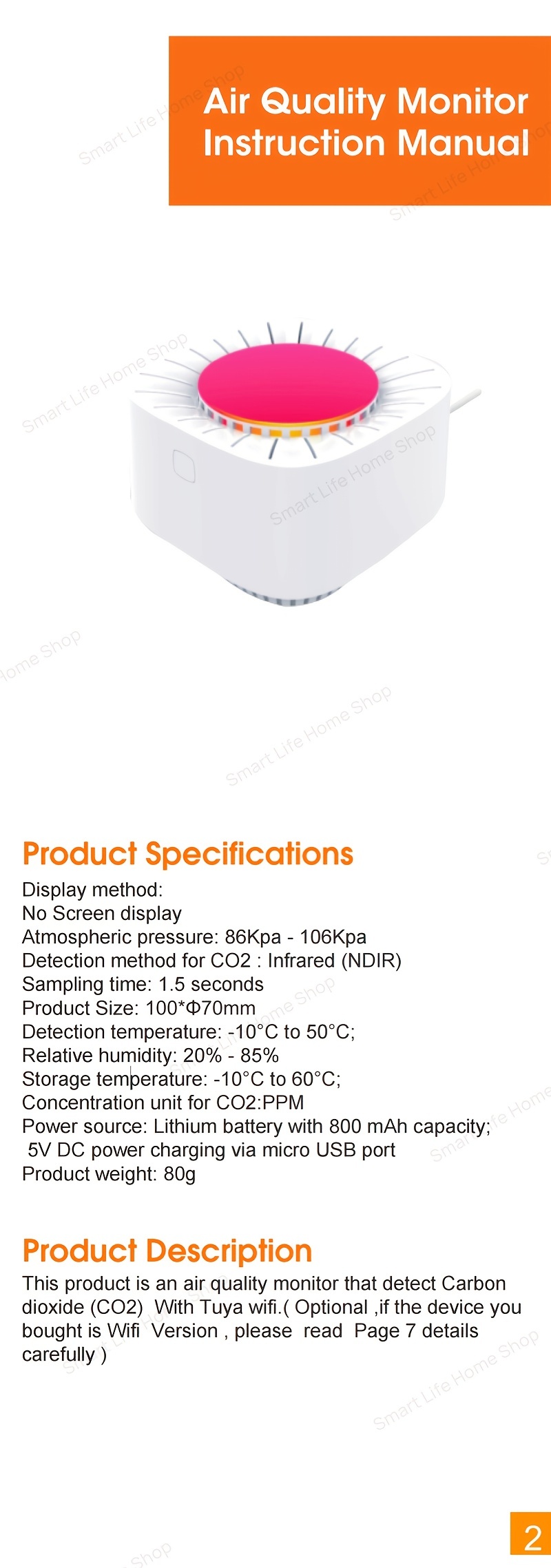 Tuya 스마트 라이프 Wifi Co2 측정기 대기 질 모니터 Tuya Wifi 온도계 습도계 충전식 Usb 충전 Led