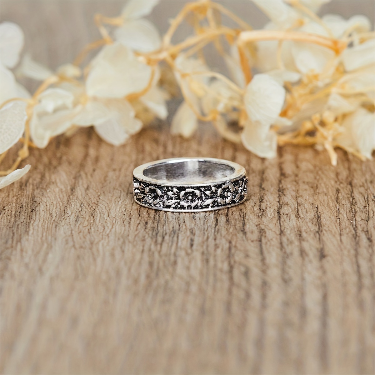 Silvery Bohemian Style Flower Carved Ring Simple Vintage - Temu United ...