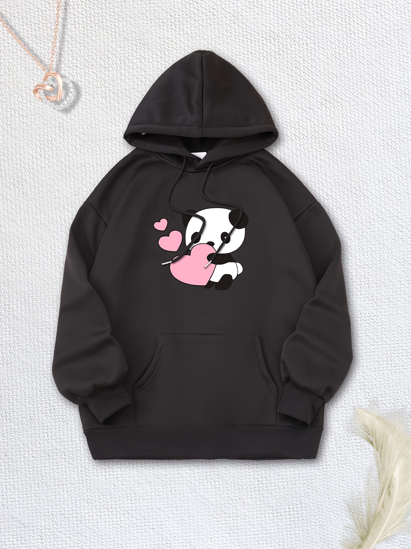 Cute Panda Graphic Fleece Lined Causal Hoodie Long Sleeve - Temu New Zealand