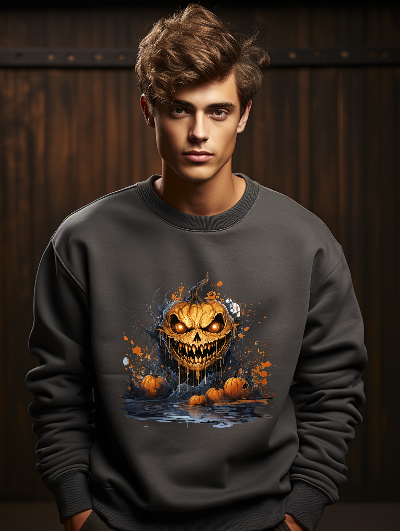 Scary Pumpkins Pattern Print Crew Neck Pullover Long Sleeve - Temu Canada