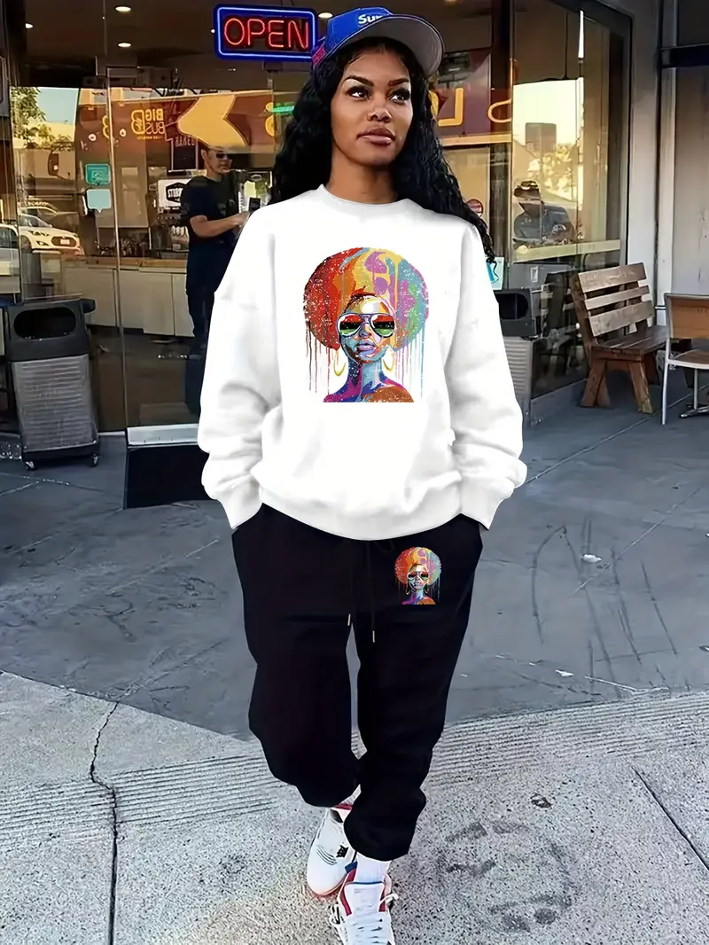 Graphic Print Two Piece Set Crew Neck Sweatshirt Pants Temu Canada