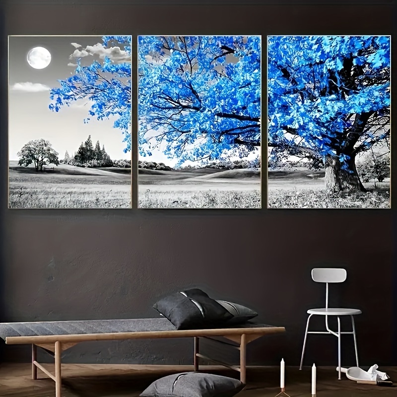 Modern Abstract Black White Blue Tree Poster Moon Living - Temu Canada