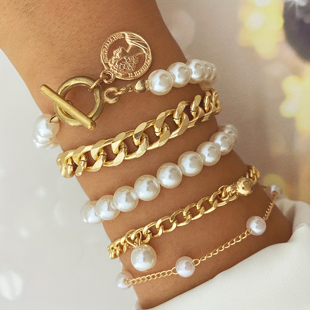 Link Chain Bracelet Set White Faux Pearlas Beads Vintage - Temu United ...