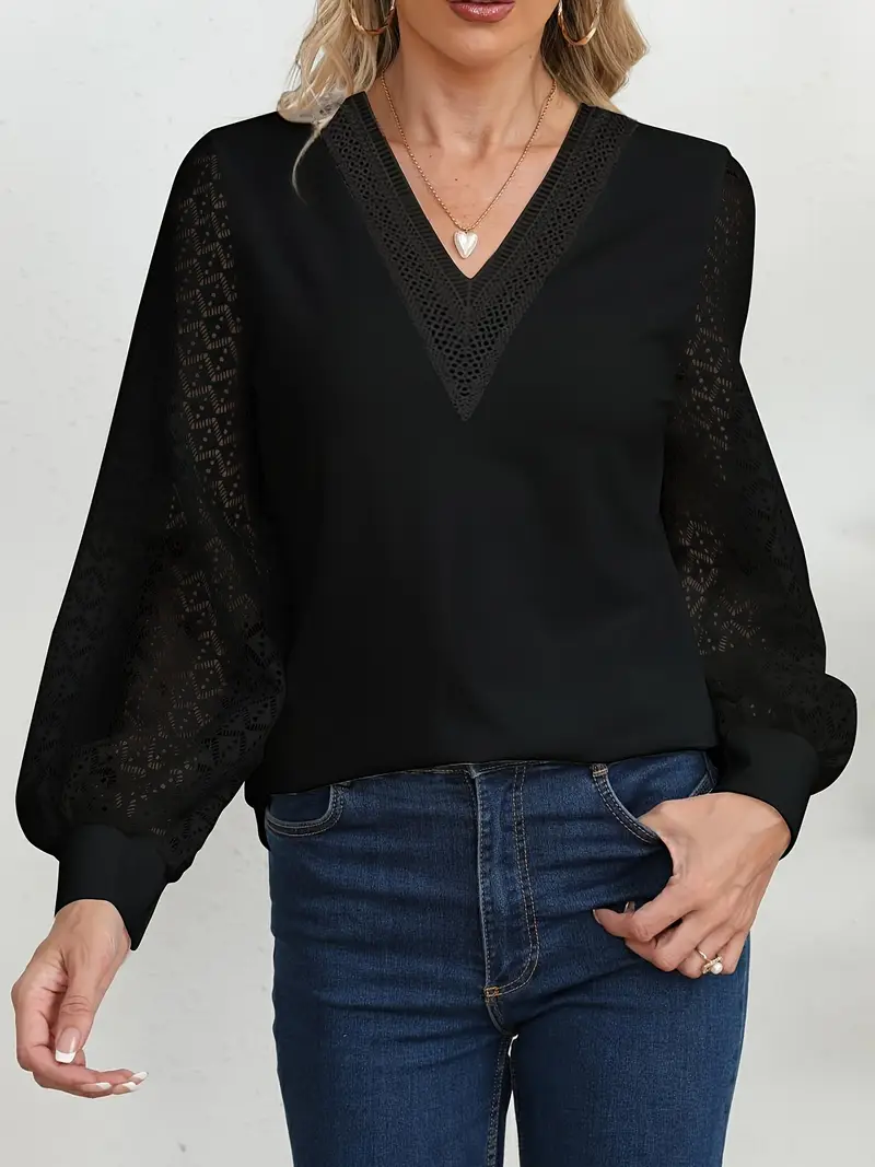 Lace Stitching V Neck T Shirt Casual Long Sleeve Top Spring Temu