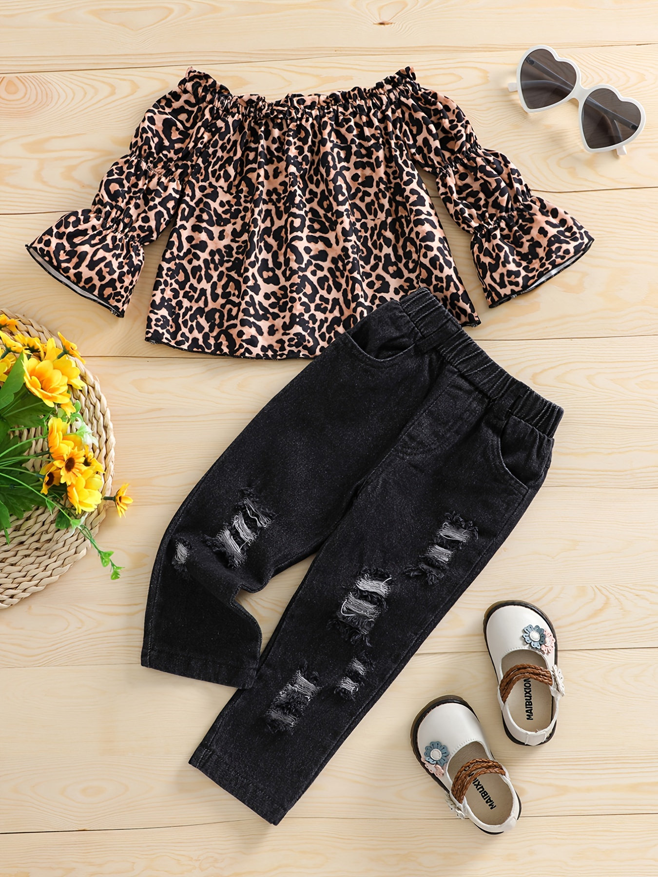 2pcs Girls Leopard Print Off Shoulder Top And Denim Ripped - Temu Australia