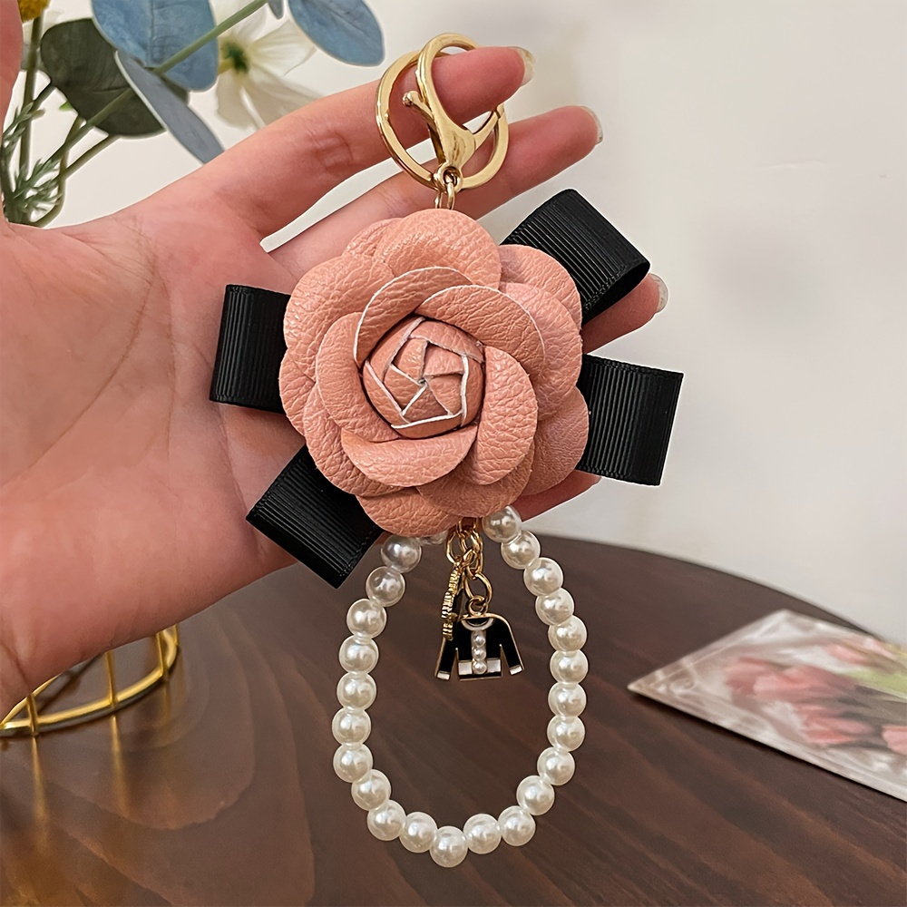 Faux Pearl Beaded Bracelet Wristlet Keychain Camellia Flower - Temu ...