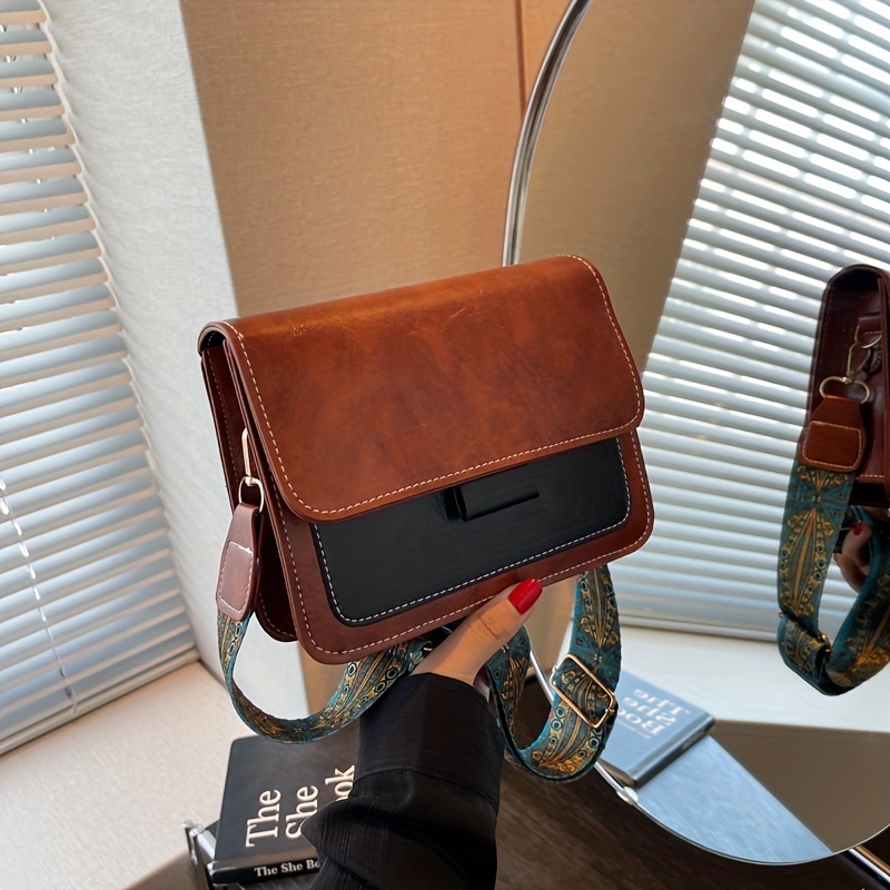 Vintage Colorblock Square Shoulder Bag Classic Textured Flap - Temu Canada