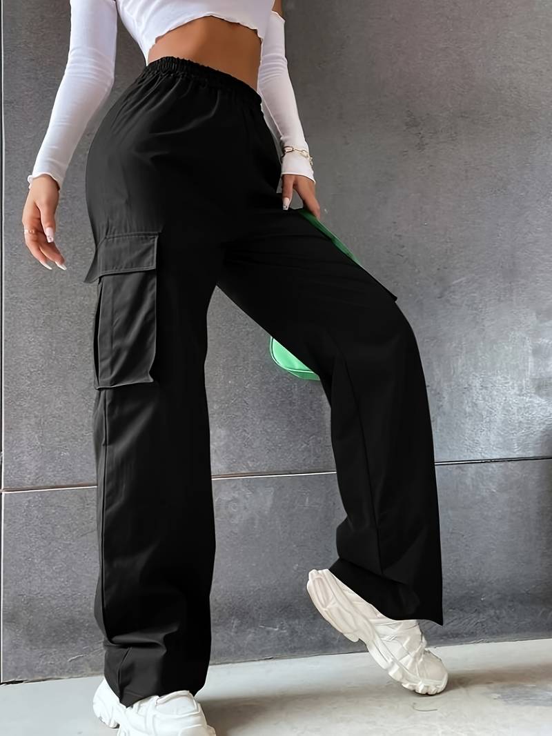Solid Color Flap Pockets Straight Legs Trouser High Waist Casual Wide