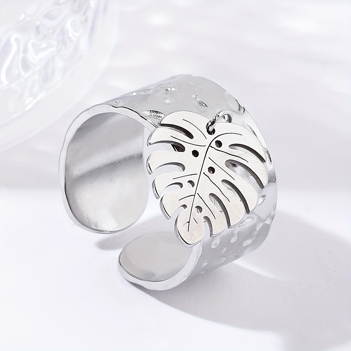 Stainless Steel Open Ring Leaf Pendant Men's Wide Textured - Temu Australia