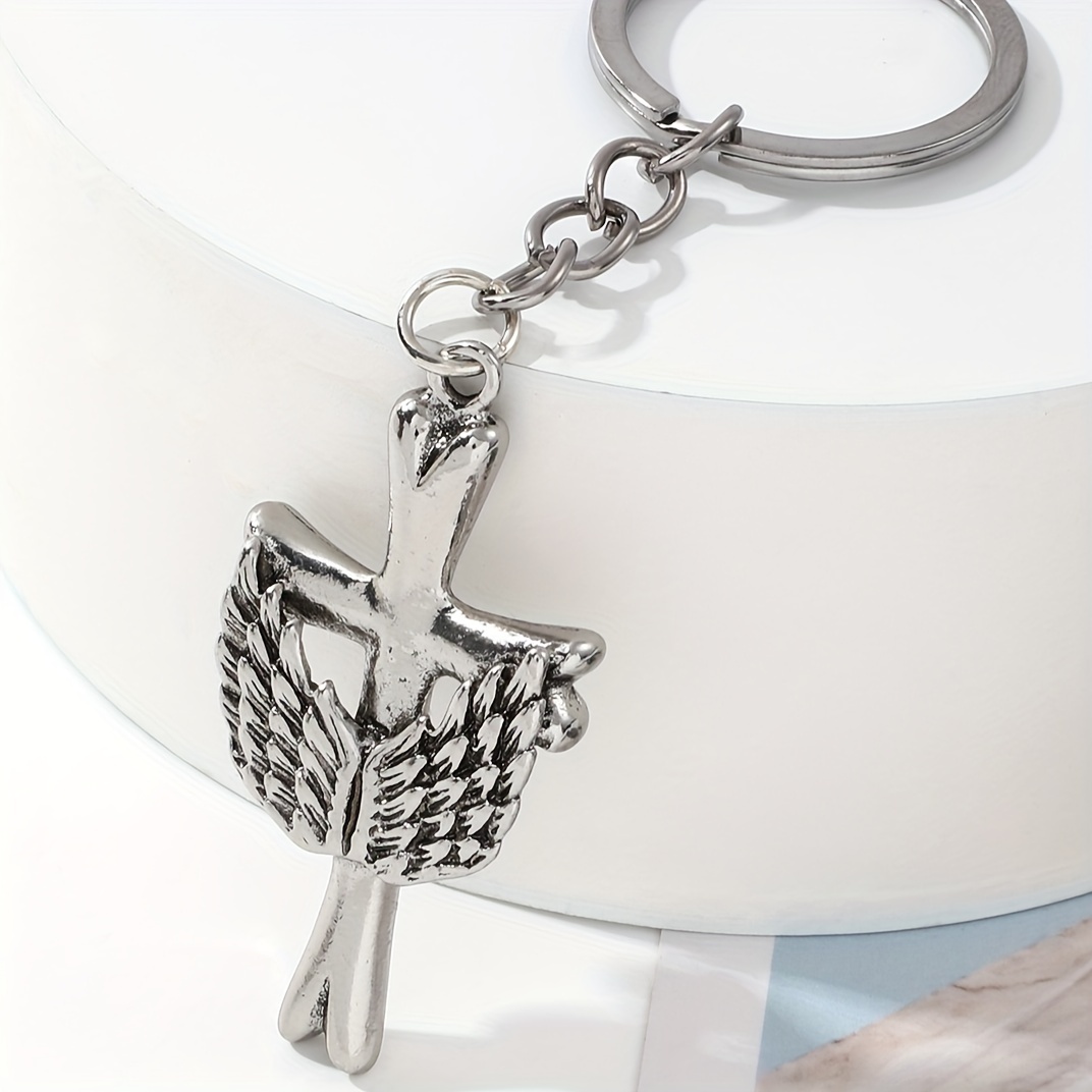 Alloy Winged Cross Keychain Pendant Men Birthday Gift Men - Temu Australia