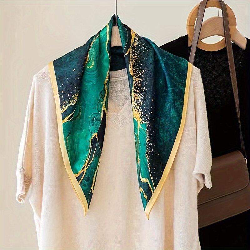 Green Ocean Printed Square Scarf Vintage Thin Silky Neck - Temu