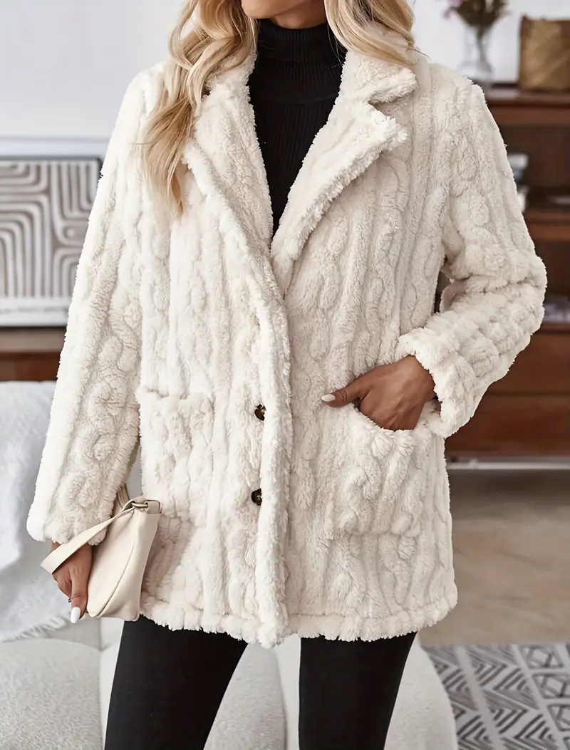 Solid Fuzzy Button Front Coat Casual Long Sleeve Fall Winter Temu