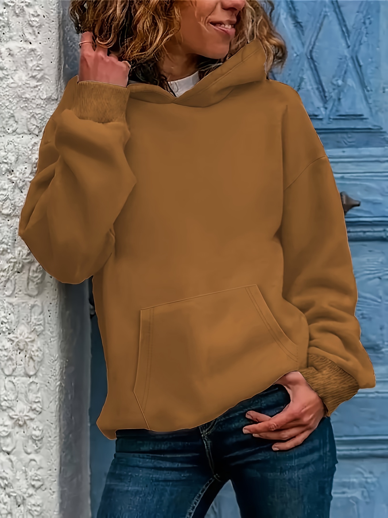 Solid Hoodie Casual Long Sleeve Kangaroo Pocket Hoodies - Temu