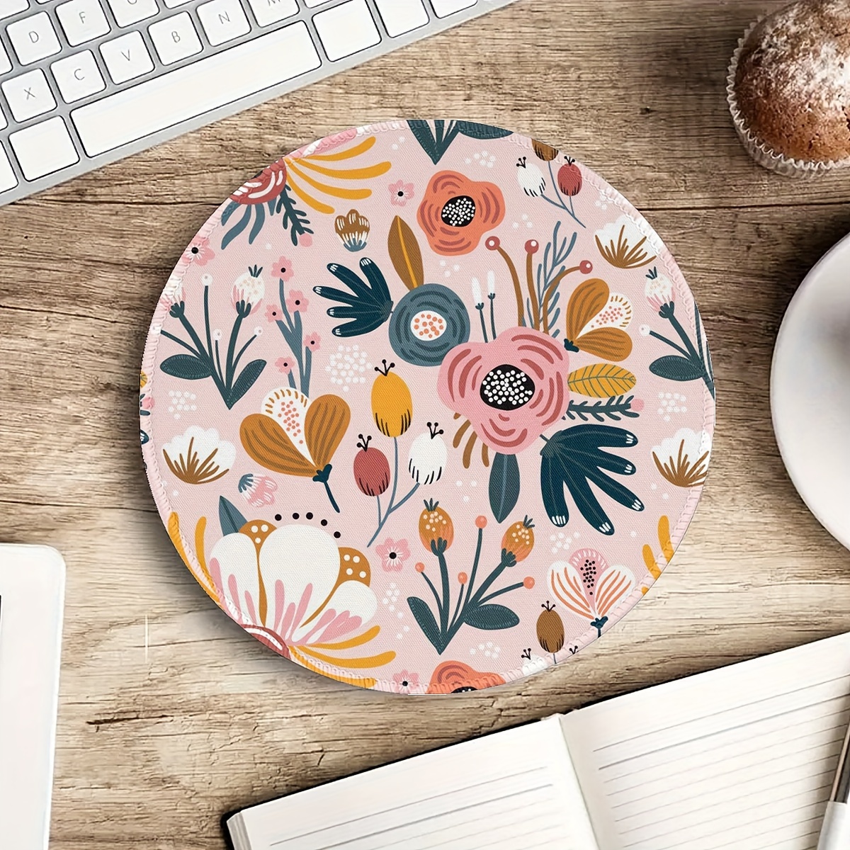Flowers Pattern Mouse Pad Round Mouse Mat Stitched Edge - Temu Canada