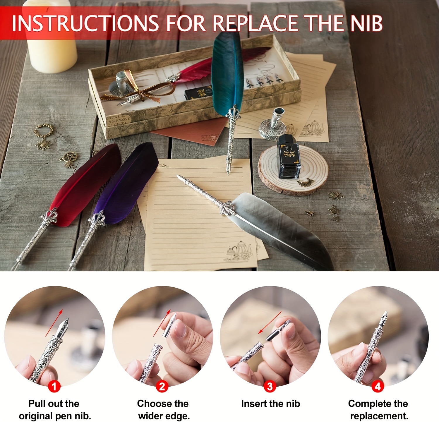 Purple Natural Feather Pen Set With Ink Pen Holder Suitable - Temu Qatar