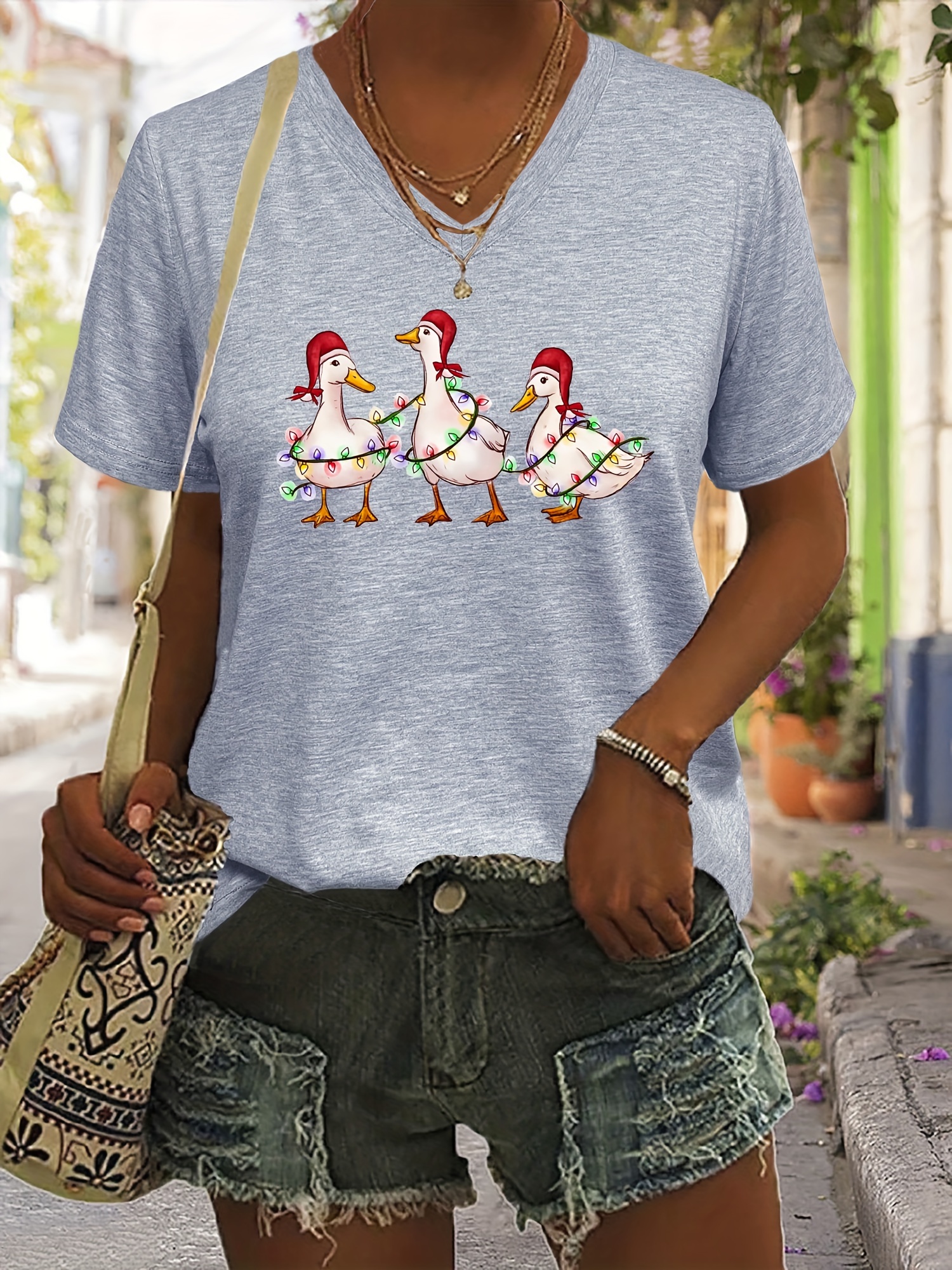 christmas goose print t shirt short sleeve v neck casual top - Temu New ...