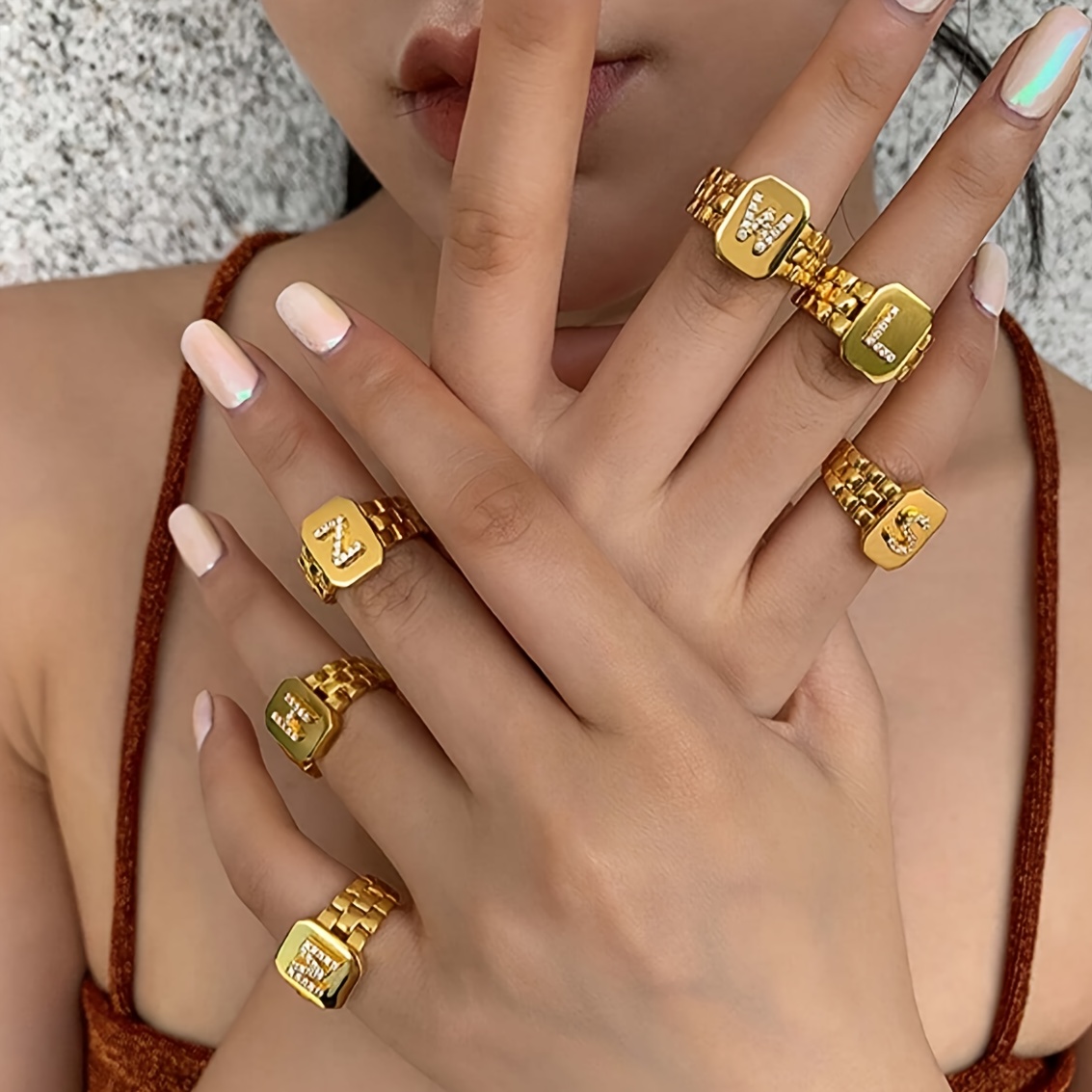 Elegant Letter Cuff Ring Trendy Chain + Sparkling Letter - Temu United ...