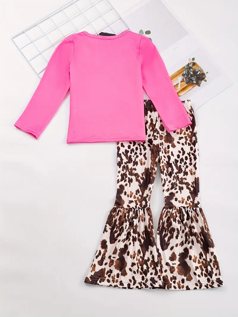 Girls Round Neck T Shirt Cow Head Print Short Sleeve Tops And Leopard