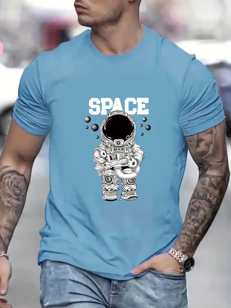 Men S Astronaut Print T Shirt Casual Short Sleeve Tee Summer Temu New