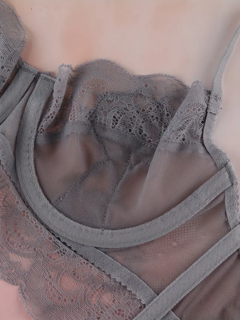 Floral Lace Bra And Panties Push Up Unlined Bra And Scallop Trim Panties