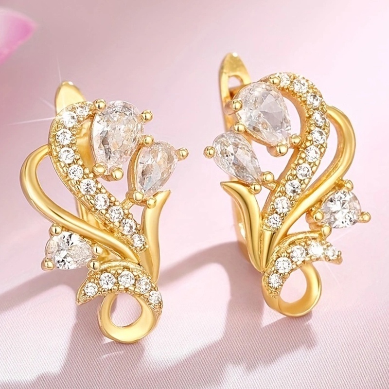 Golden Flower Design Shiny Zirconia Inlaid Earrings Retro - Temu