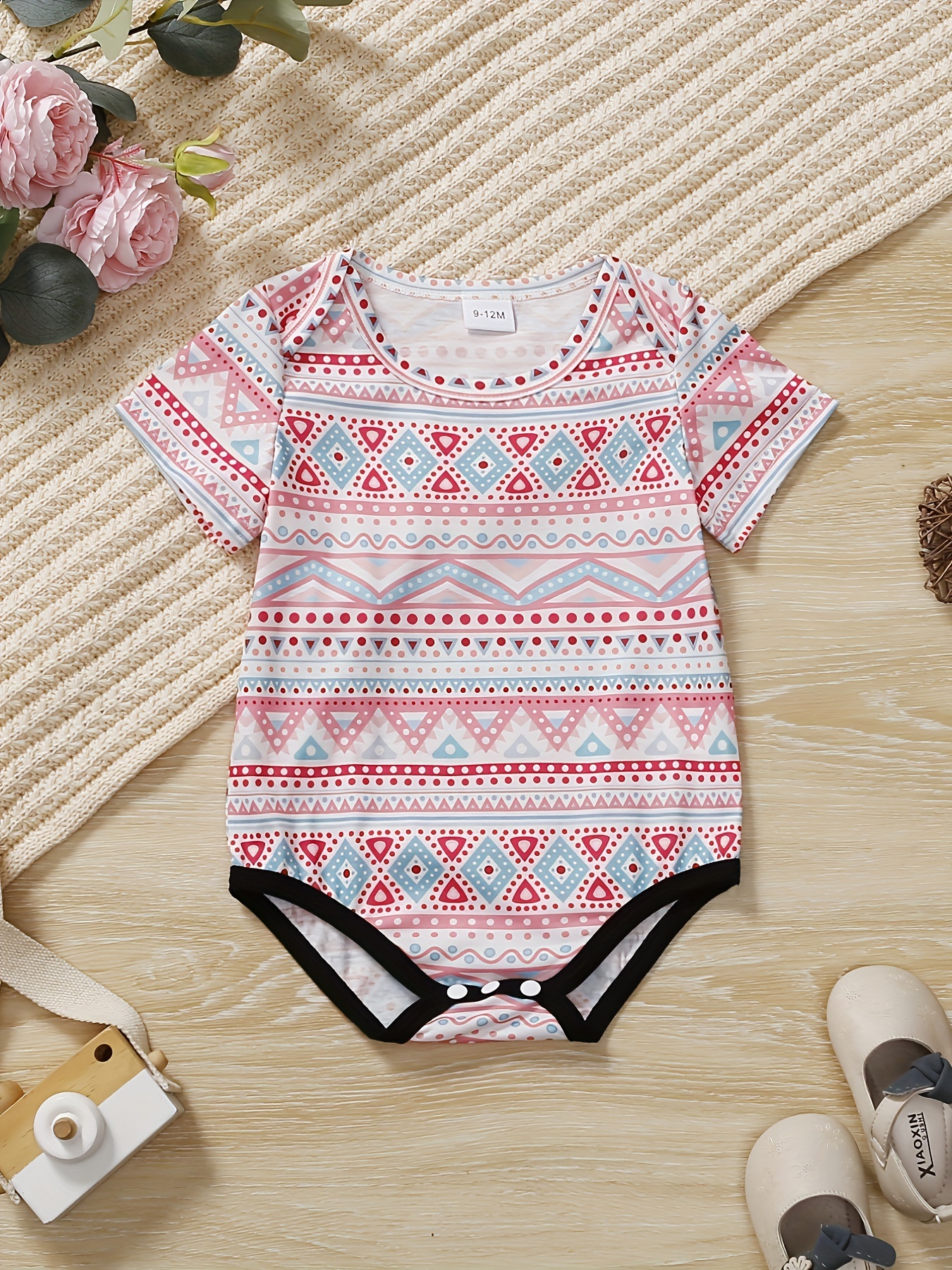 Baby Boho Style Geo Print Bodysuit Newborn Short Sleeve - Temu Australia