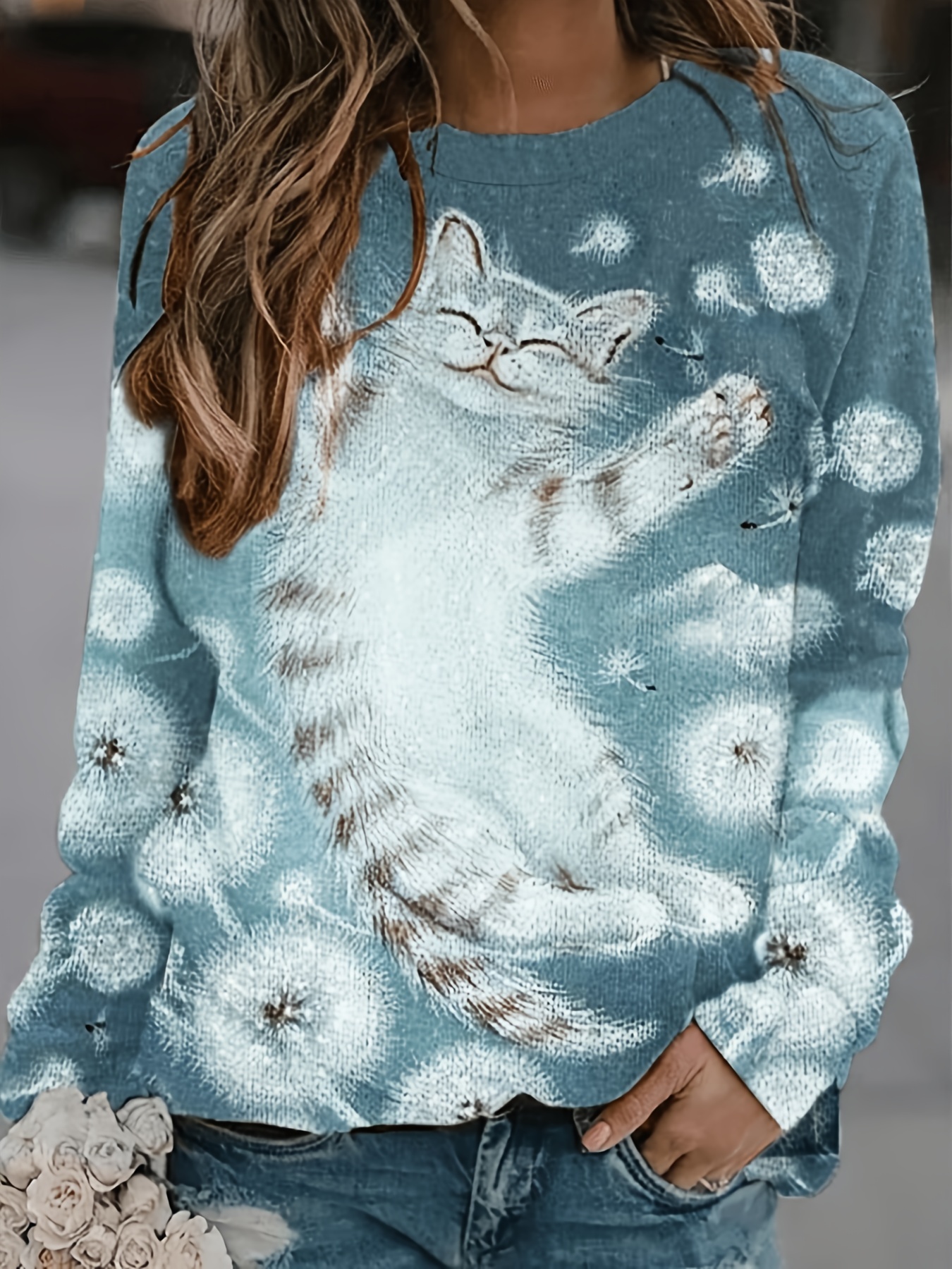 cute cat dandelion print sweatshirt casual long sleeve crew - Temu Canada