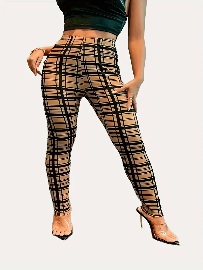 Plaid Print Skinny Leggings Plus Size Casual Every Day Temu New Zealand
