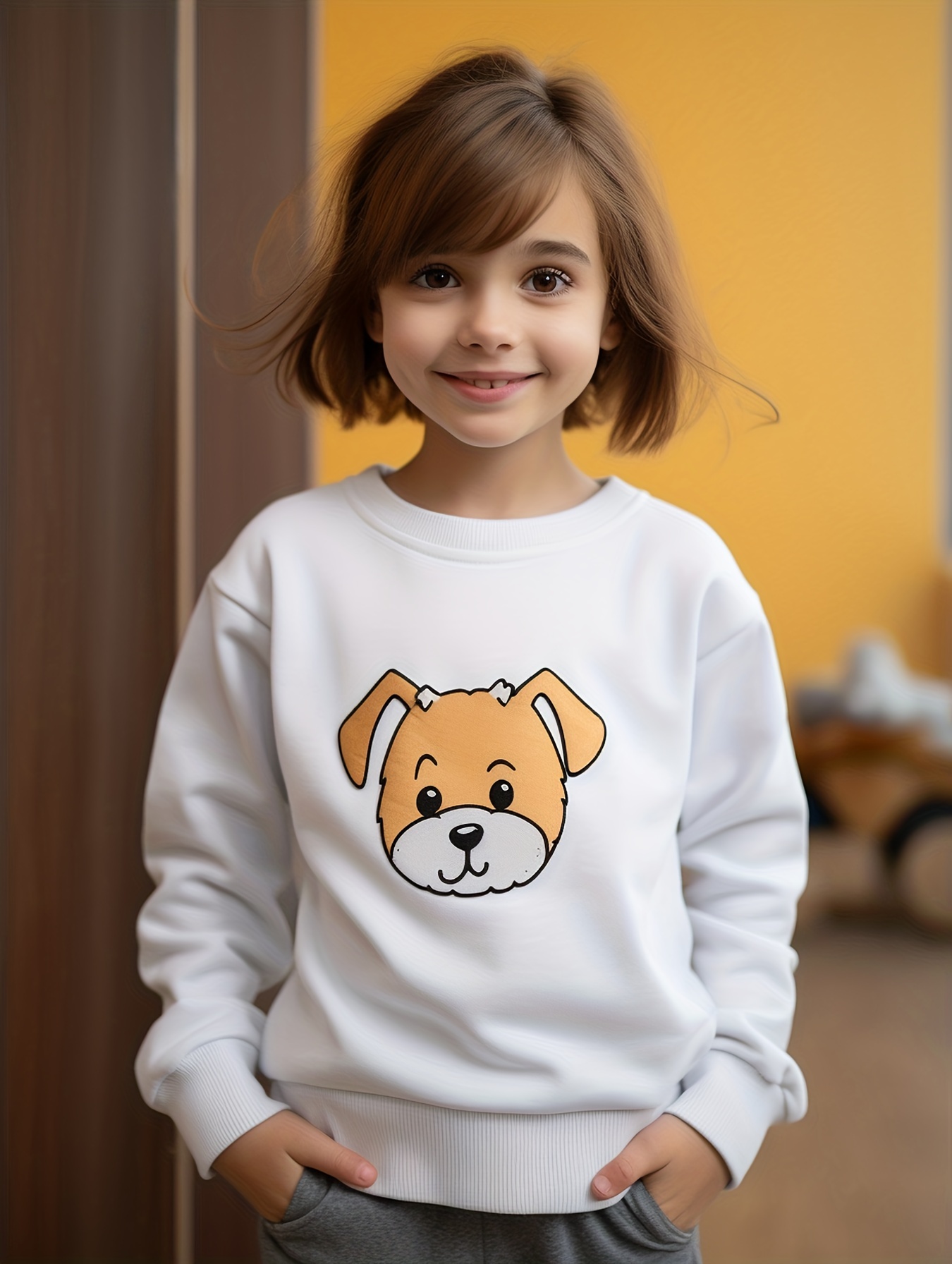 Girls/ Boys Trend Pullover Yellow Dog Monster Graphic Round - Temu New ...