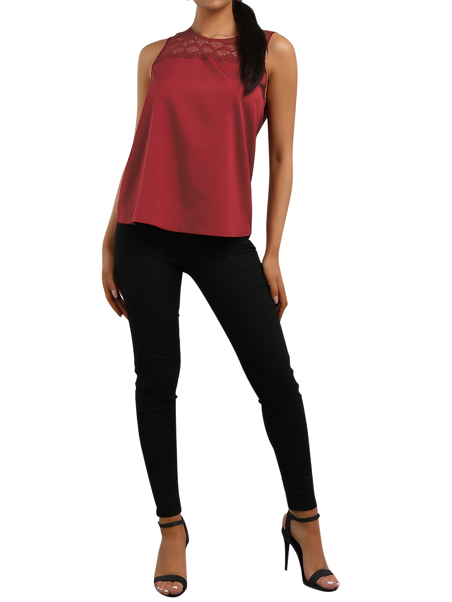 Solid Lace Cut Tank Top Casual Sleeveless Crew Neck Top - Temu Canada