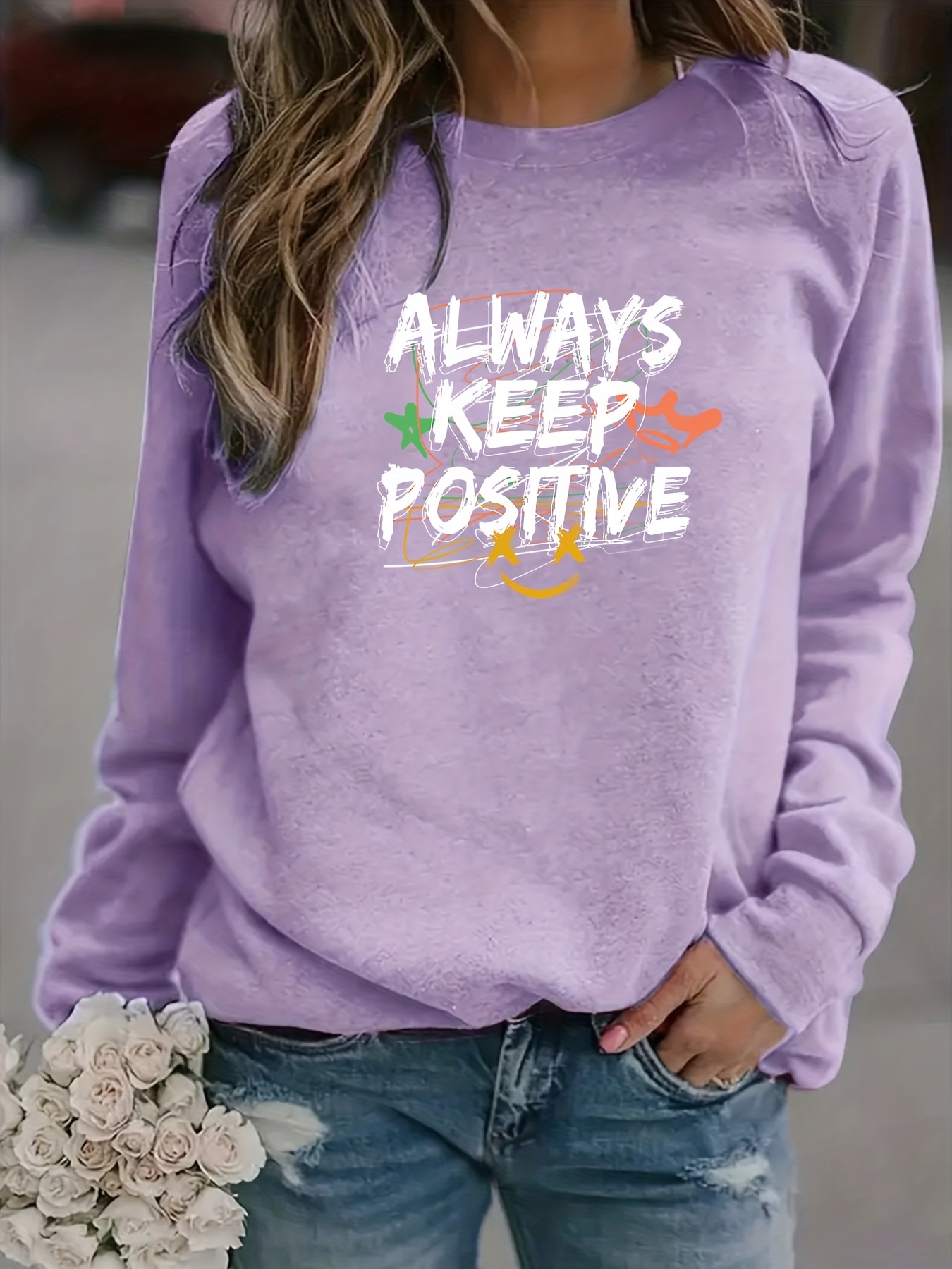 Keep Positive Letter Print Sweatshirt Casual Long Sleeve - Temu Australia