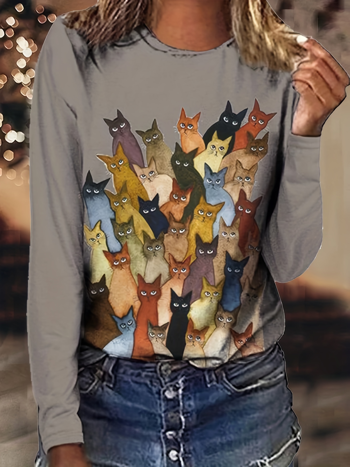 cartoon cats print crew neck t shirt casual long sleeve top - Temu New ...