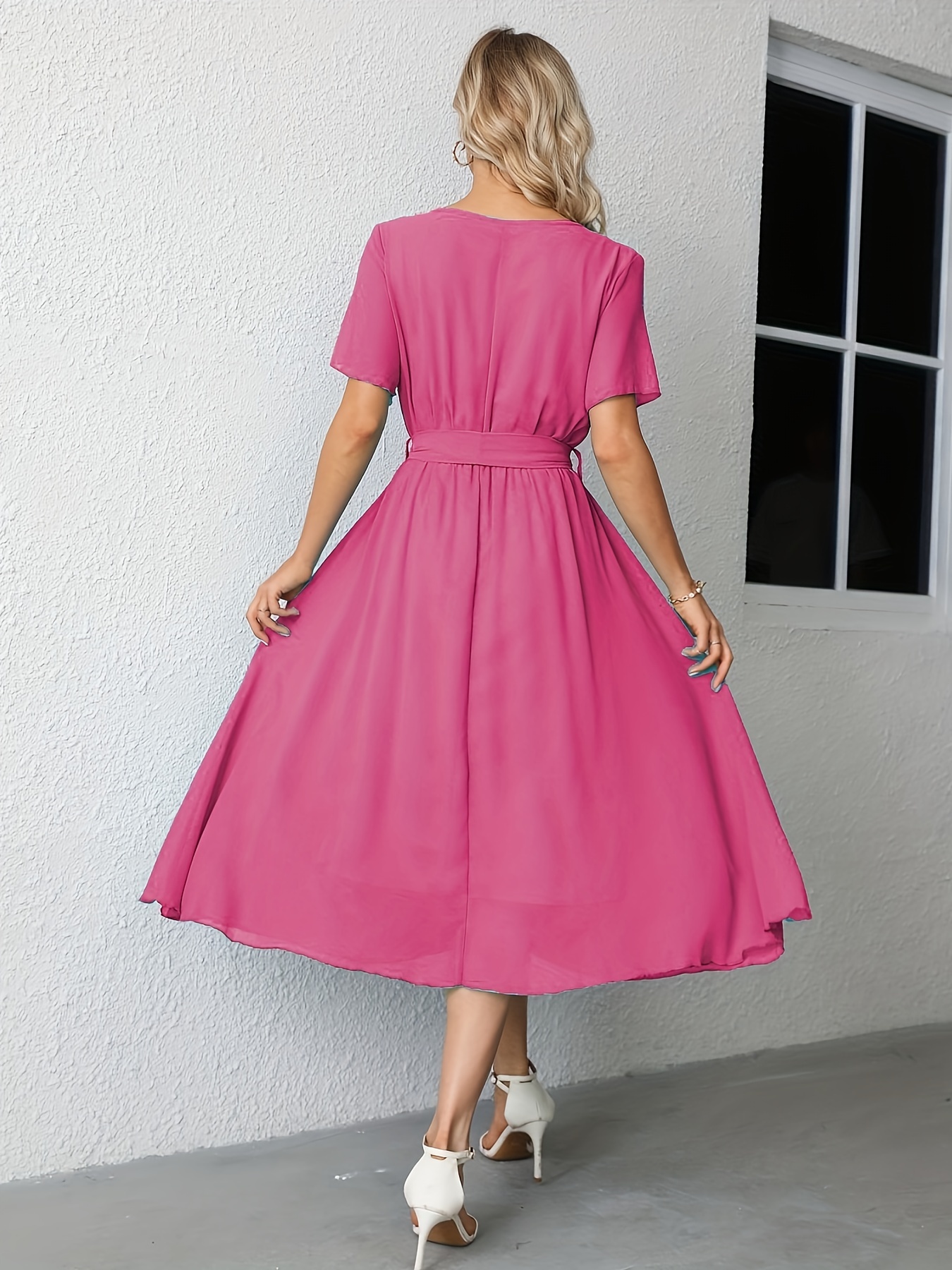 Solid Keyhole Dress Elegant Crew Neck Short Sleeve Semi - Temu