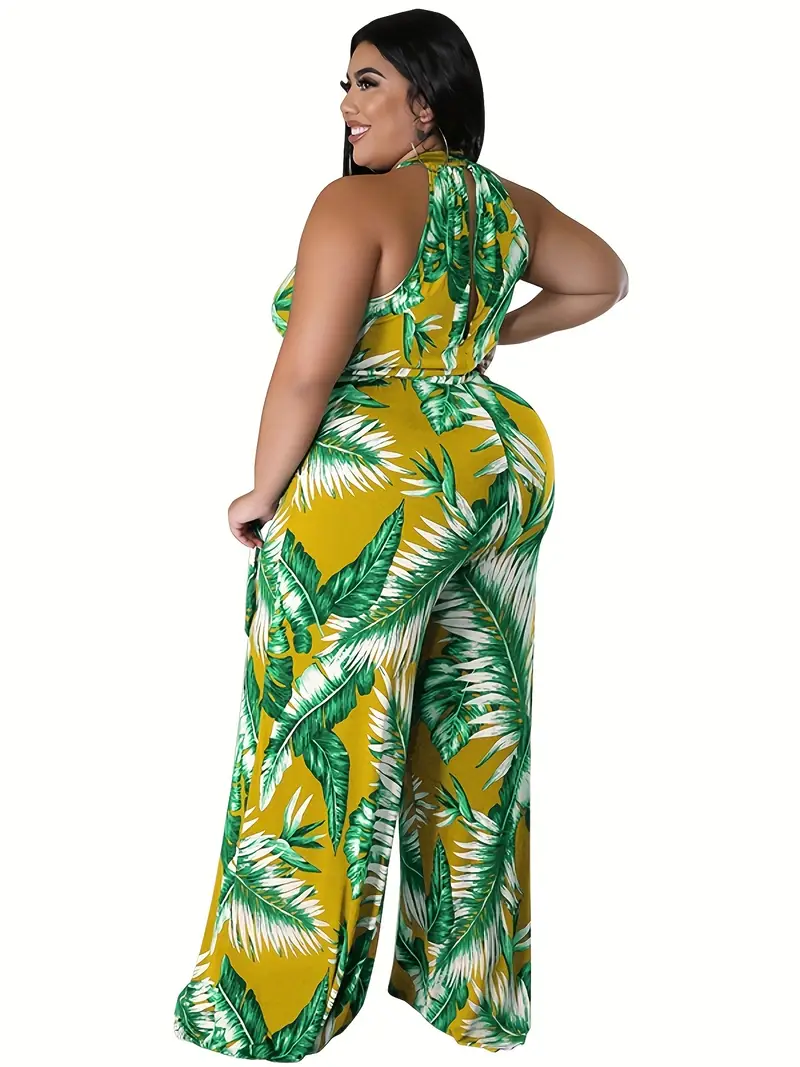 Halter Neck Wide Leg Jumpsuit Plus Size Paisley Print Temu