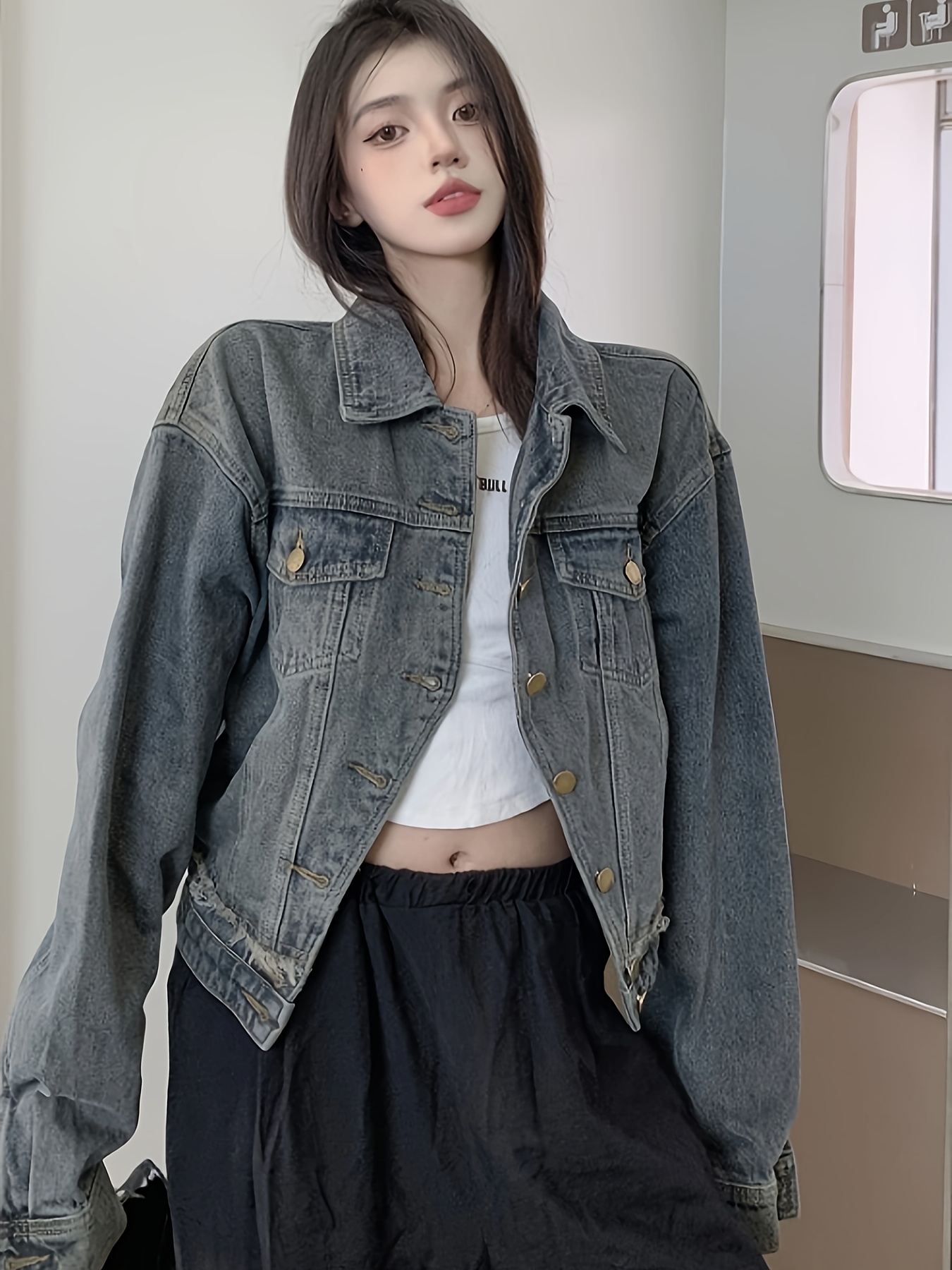 Flap Pockets Niche Denim Jacket Long Sleeves Washed Lapel - Temu