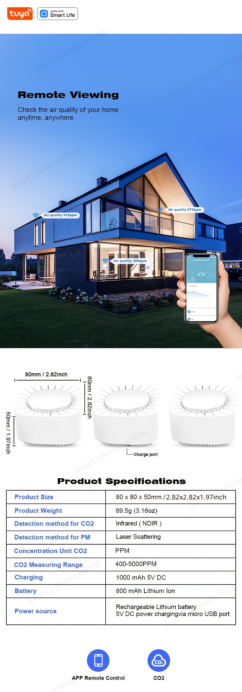 Tuya 스마트 라이프 Wifi Co2 측정기 대기 질 모니터 Tuya Wifi 온도계 습도계 충전식 Usb 충전 Led