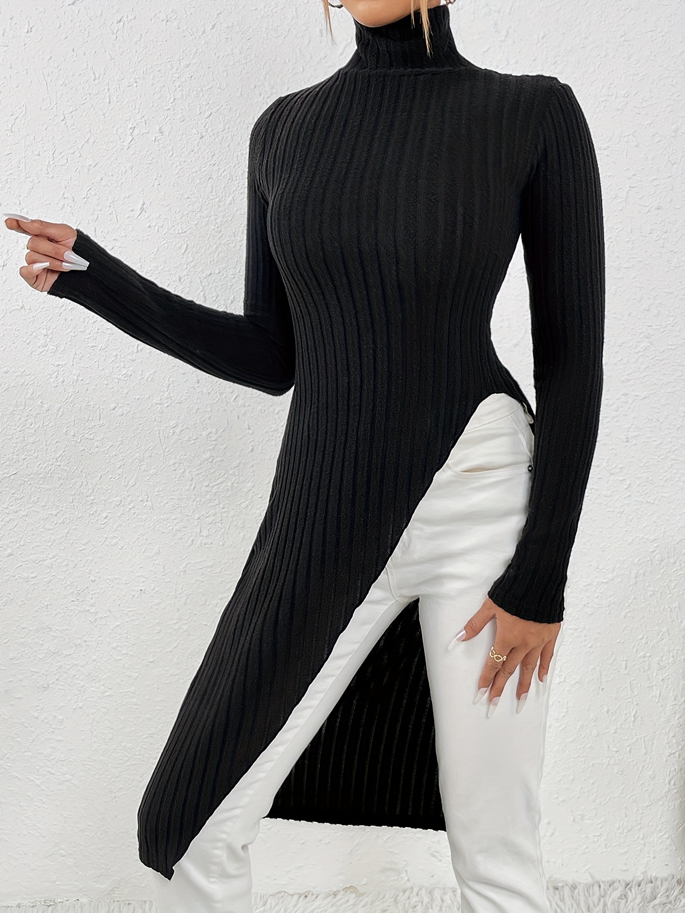 solid ribbed mock neck tunics elegant long sleeve split top - Temu ...
