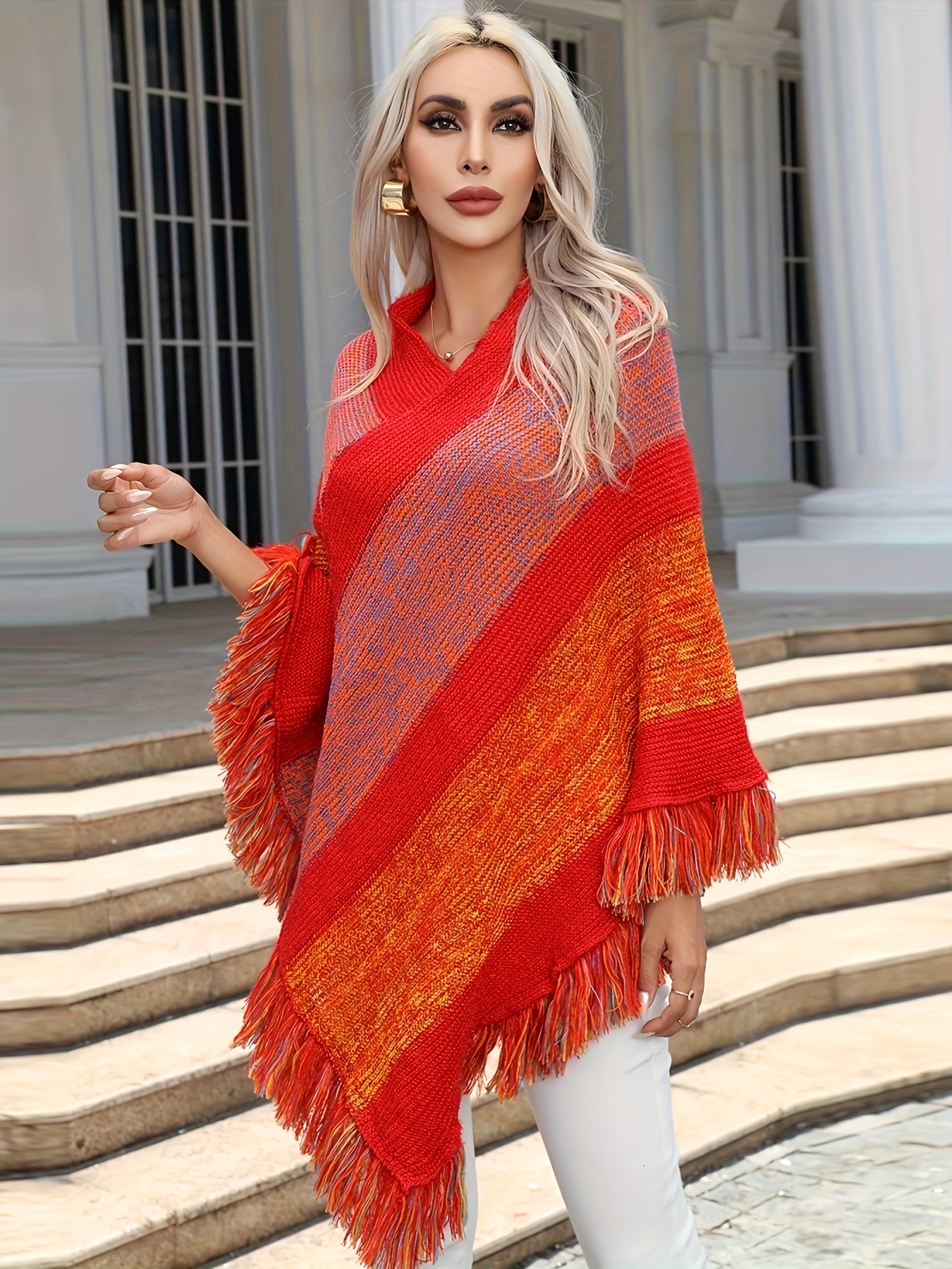 v neck cape sweater casual tassel trim fashion - Temu Australia