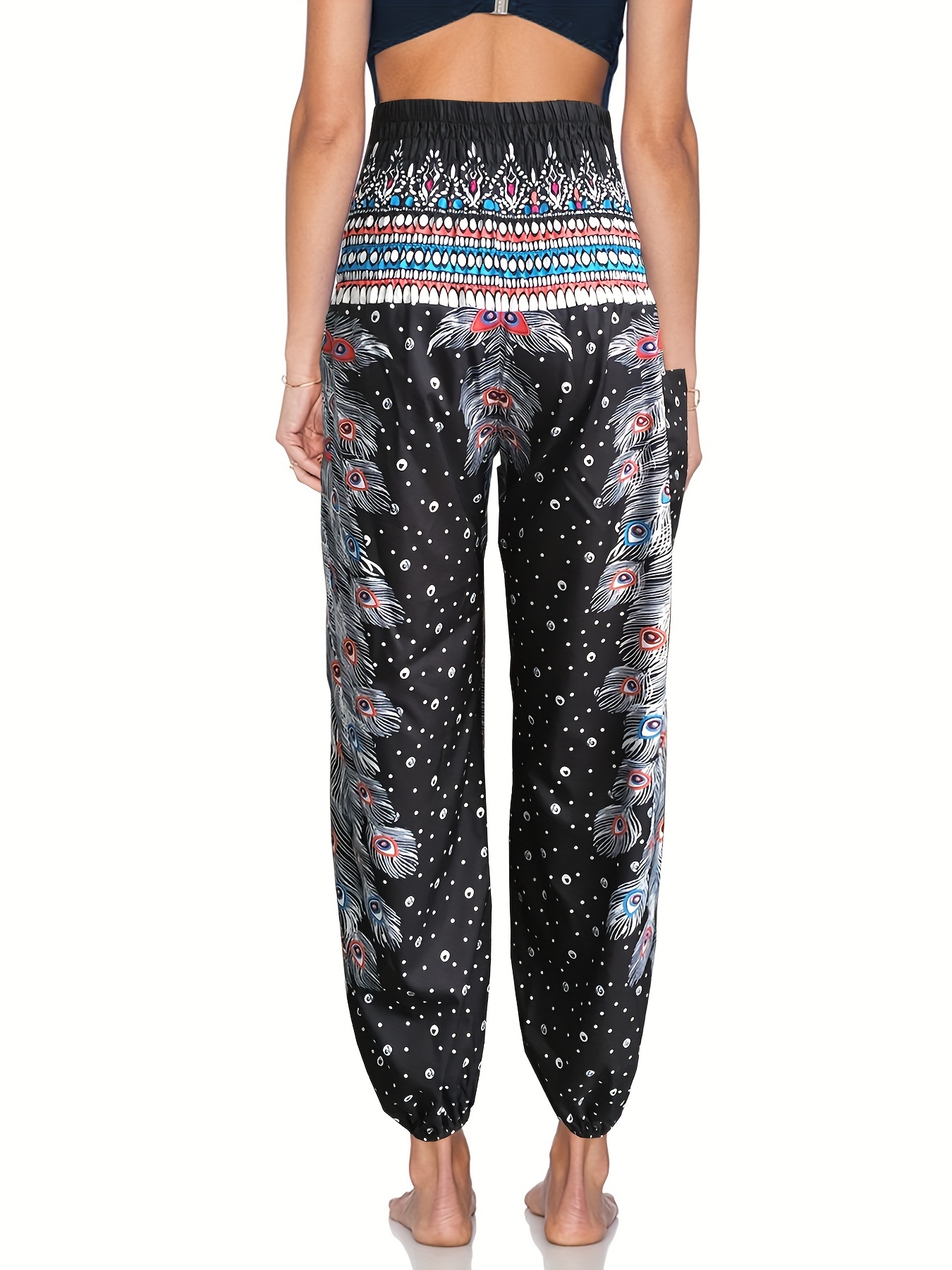 Boho Full Peacock Feather Print Harem Pants Casual Shirred - Temu ...