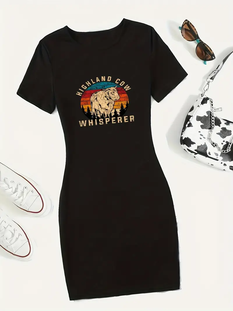 Highland Cow Print Crew Neck Dress Casual Short Sleeve Slim Temu New