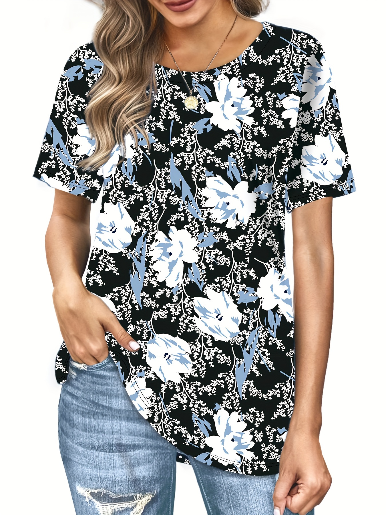 camiseta estampada floral top casual corta cuello - Temu Mexico
