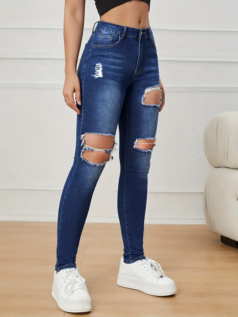 Blue Ripped Holes Skinny Jeans Slim Fit High Stretch Slant Temu Norway