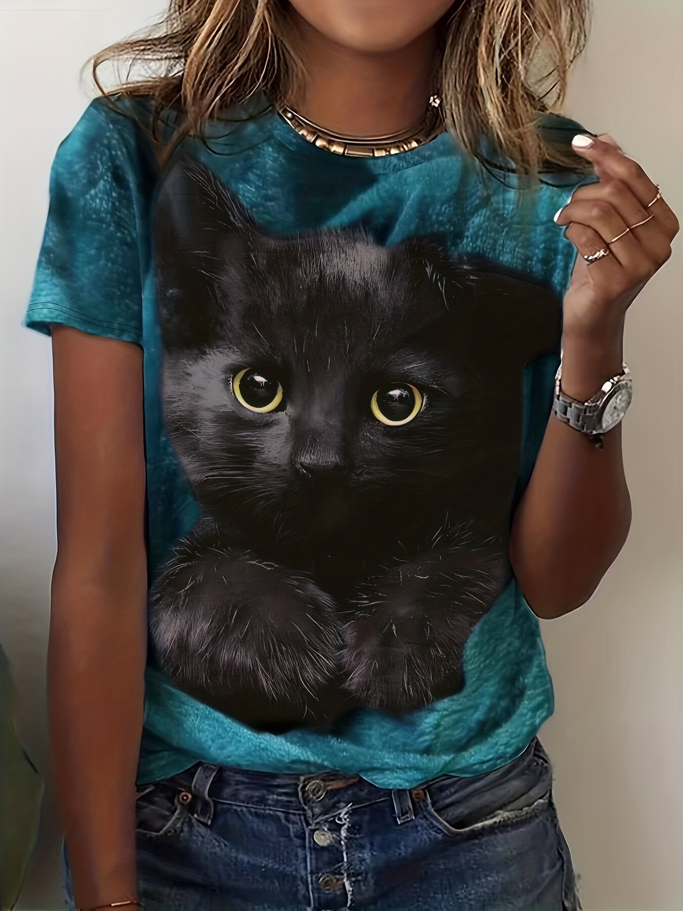 Cat Print Crew Neck T shirt Casual Short Sleeve Top Spring - Temu Norway