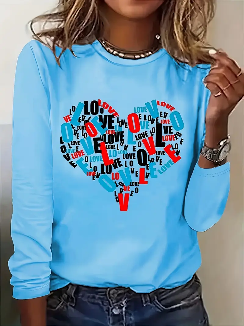 Letter Heart Print Crew Neck T Shirt Casual Long Sleeve Top Temu