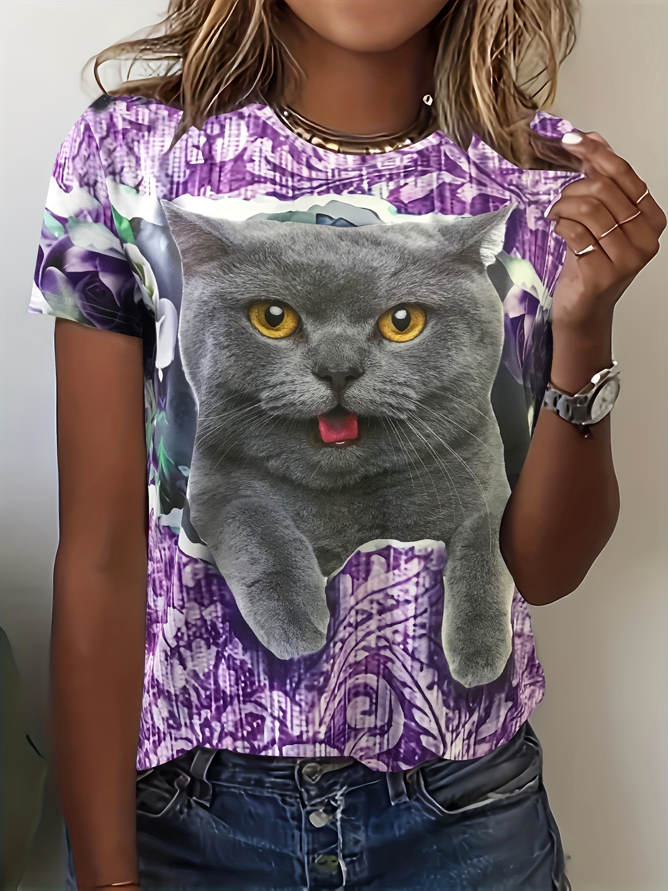 cute cat print crew neck t shirt casual short sleeve daily - Temu Canada