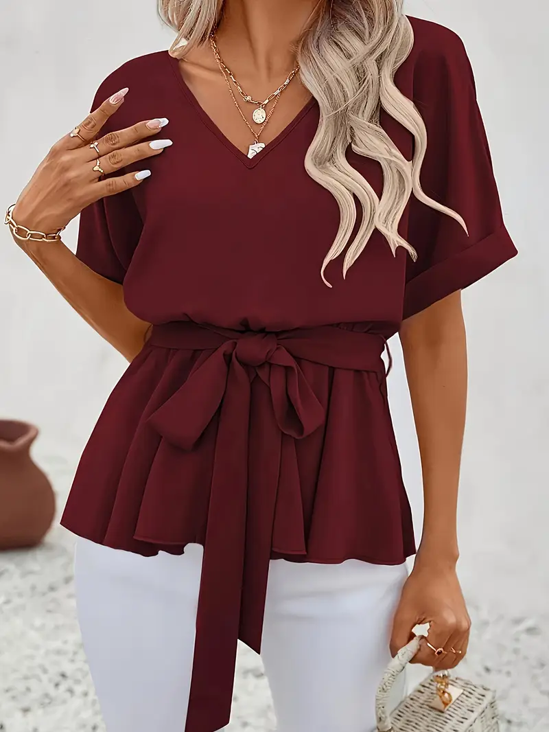 Solid Ruffle Hem Top Plus Size Casual V Neck Short Sleeve Temu Australia