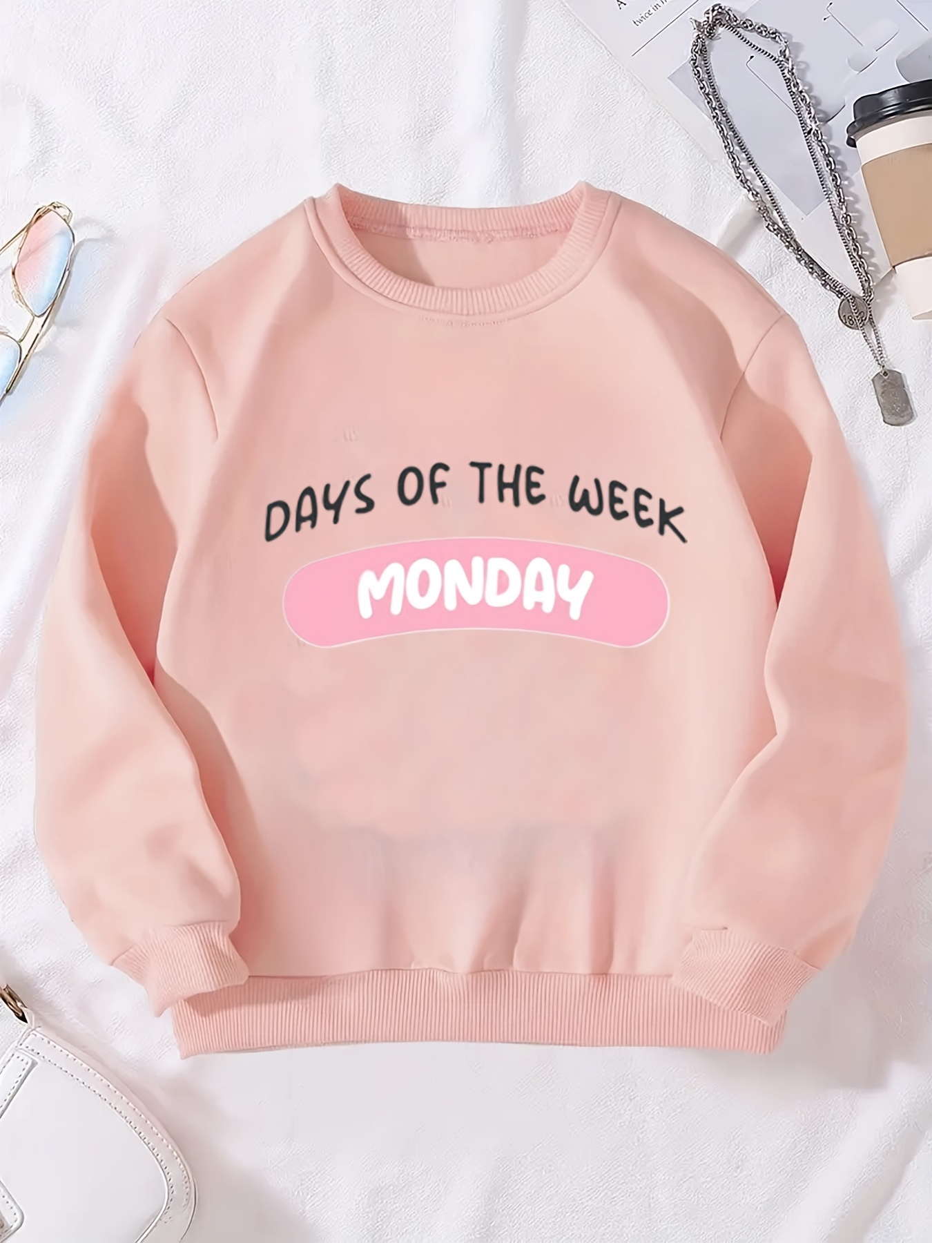 Monday Print Long Sleeve Sweatshirt Girls Versatile Pullover - Temu ...