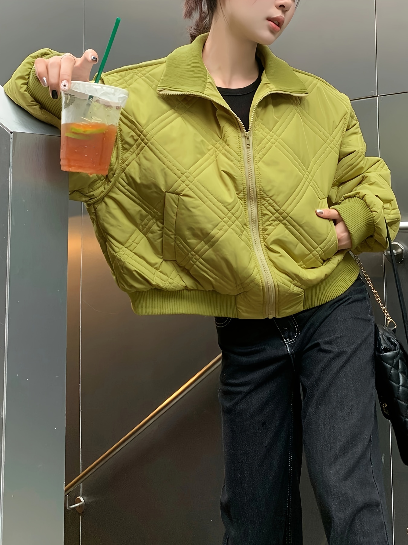 solid quilted zipper stand collar jacket versatile long - Temu Australia