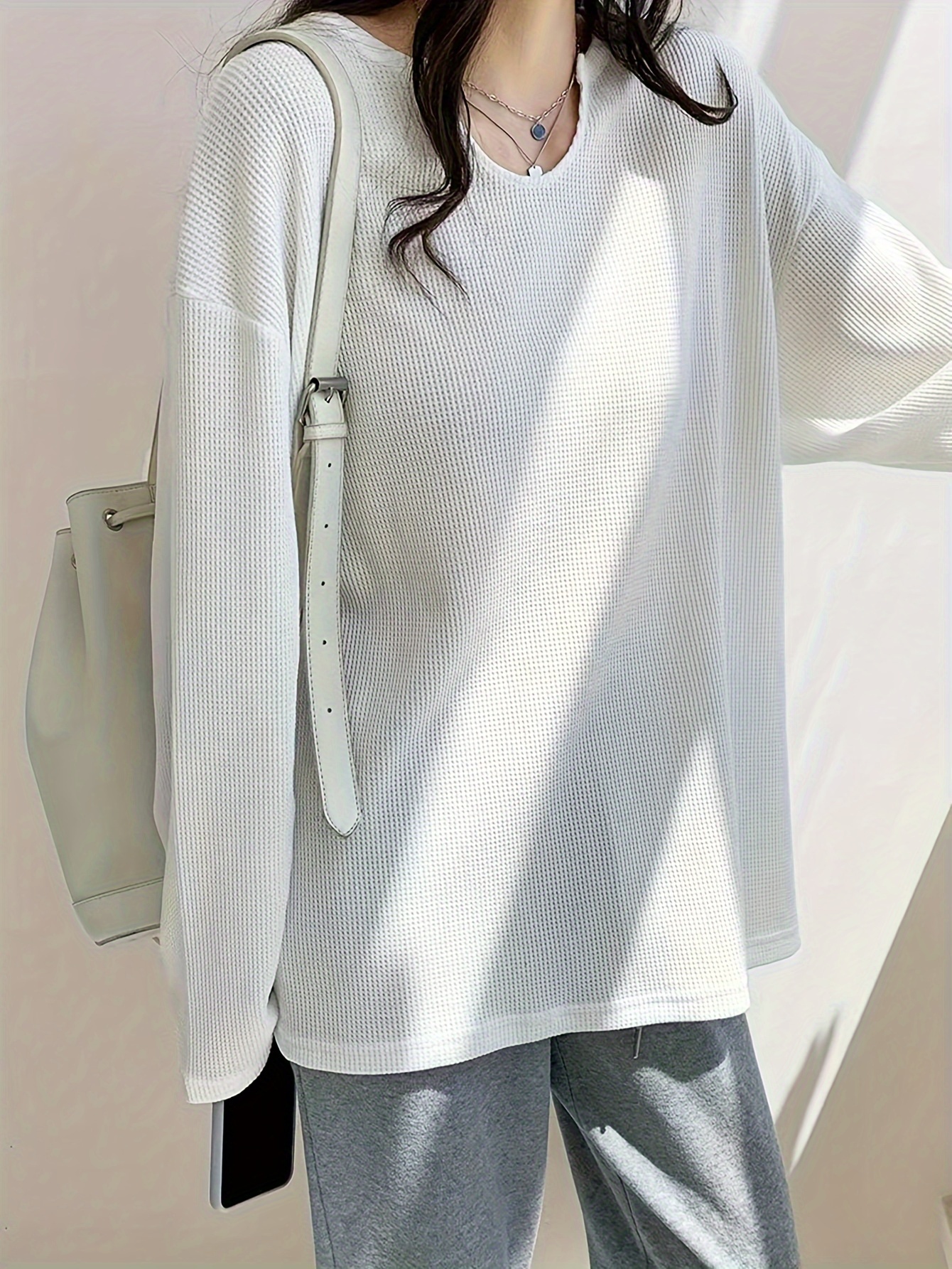 Solid Notched Neck Simple T shirt Casual Drop Shoulder Loose - Temu New ...