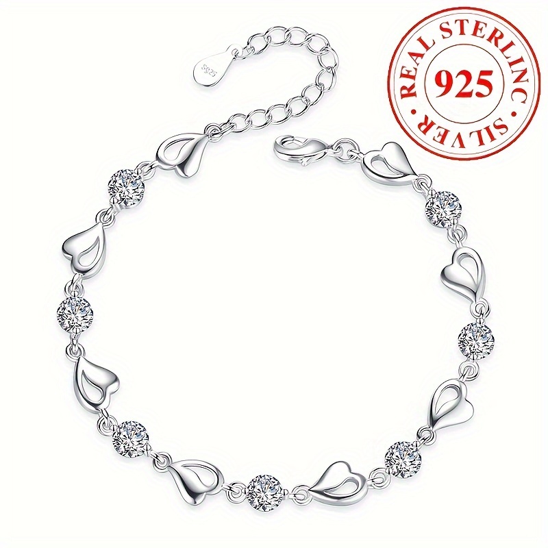925 Silver Love Heart Thin Chain Bracelet Inlaid White/ - Temu United ...